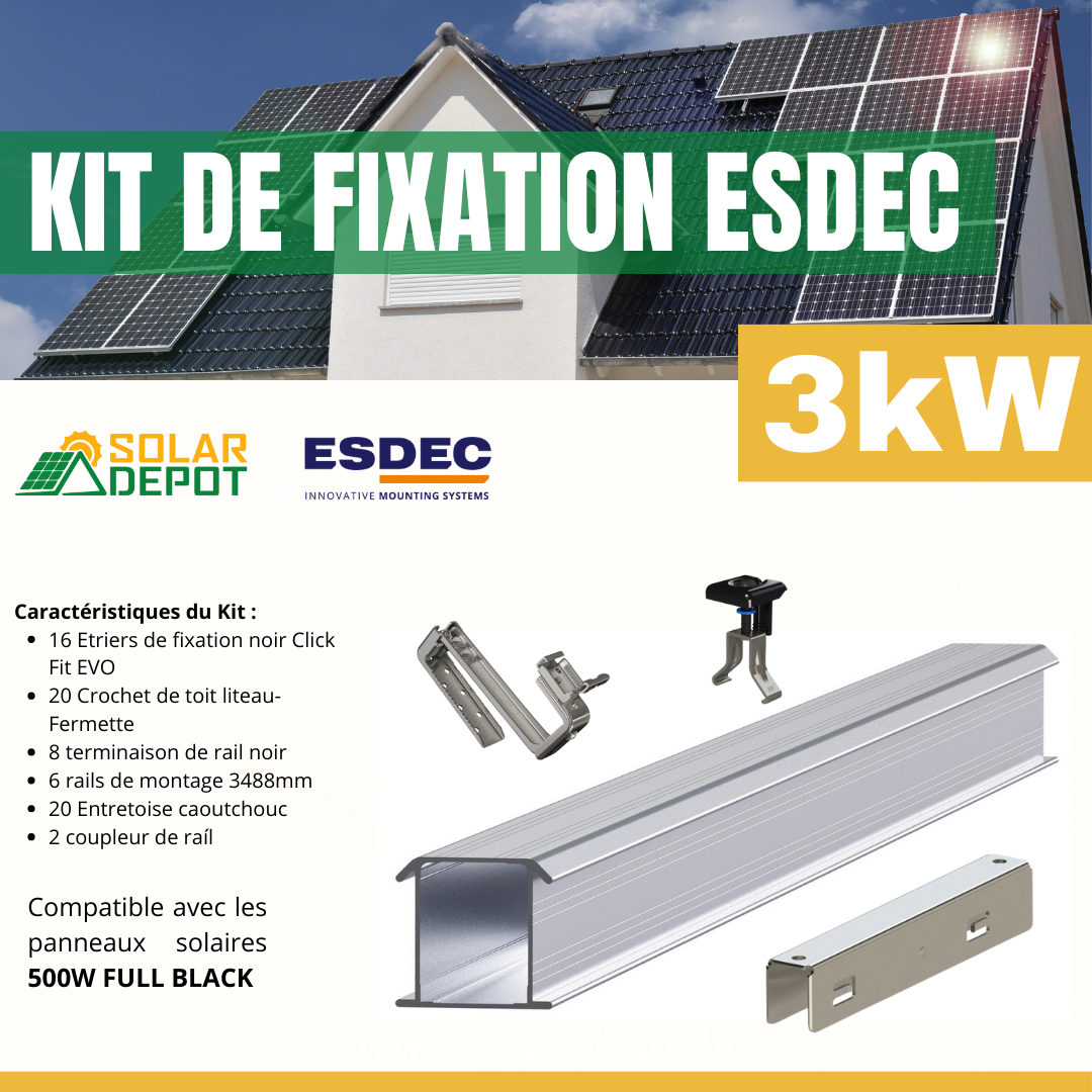 Kit de fixation ESDEC 3kW - 2 rangées de 3 panneaux 500W Full Black ...